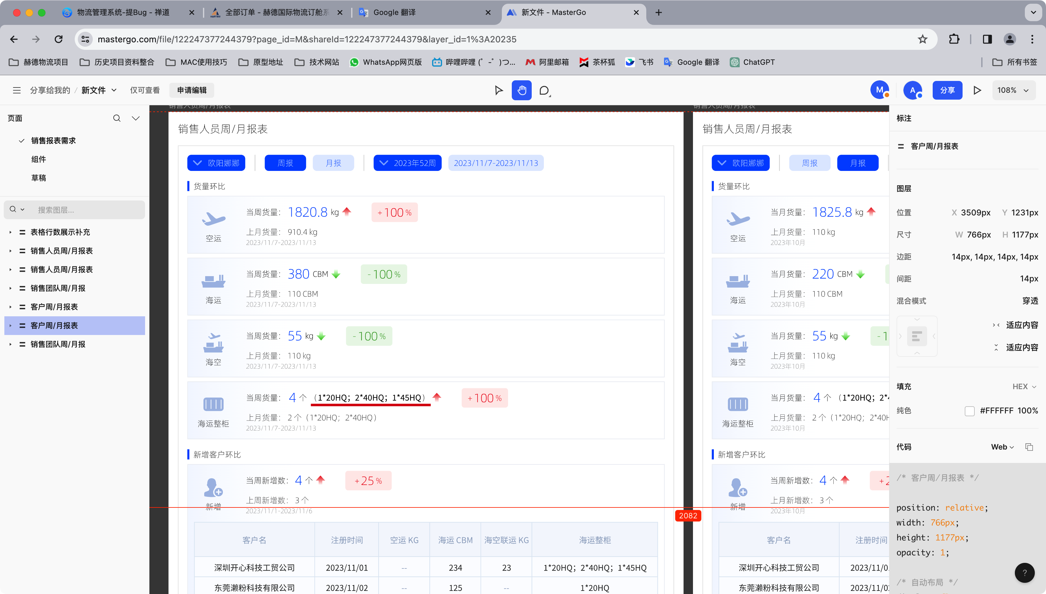 Bug 3124 【图表统计 销售人员周月报】 货量环比 海运整柜”、 新增客户环比 海运整柜”,数据没有按照货柜柜型来展示 物流管理